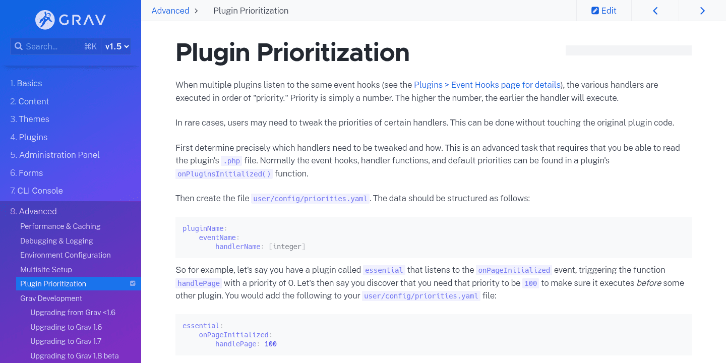 Plugin Prioritization | Grav Documentation