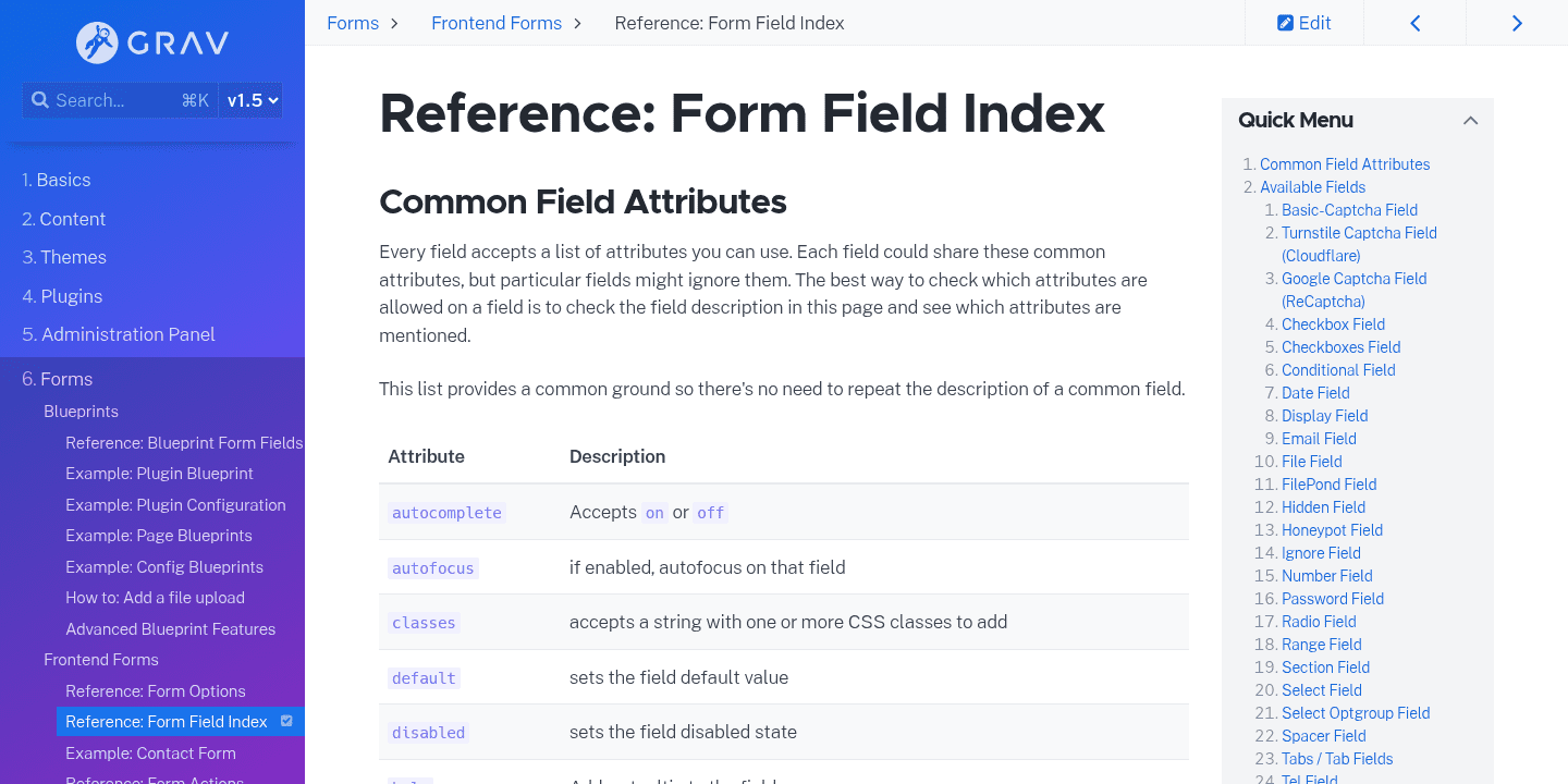 Reference: Form Field Index | Grav Documentation