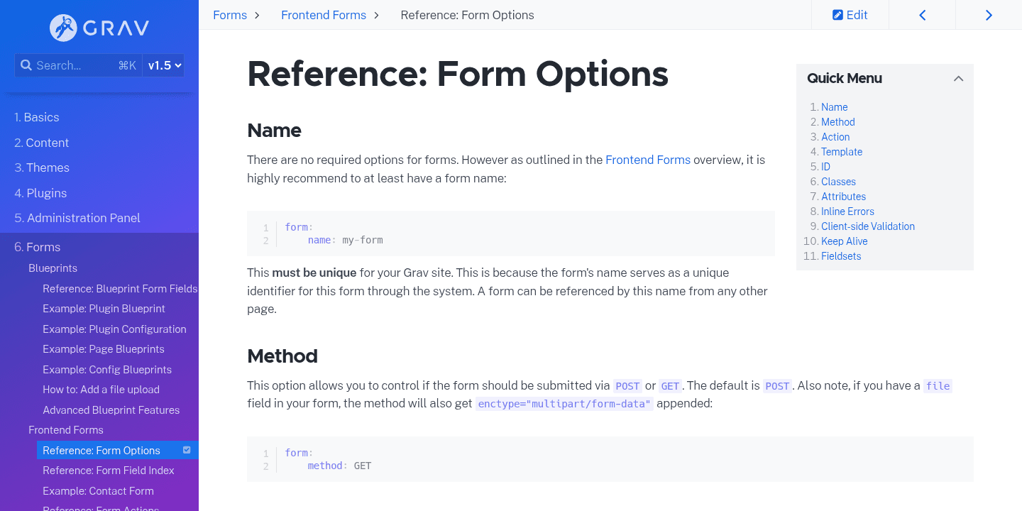 Reference: Form Options | Grav Documentation