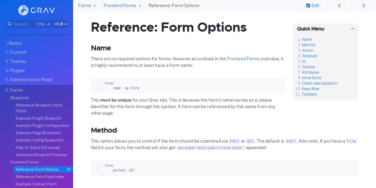 Reference Form Options Grav Documentation 