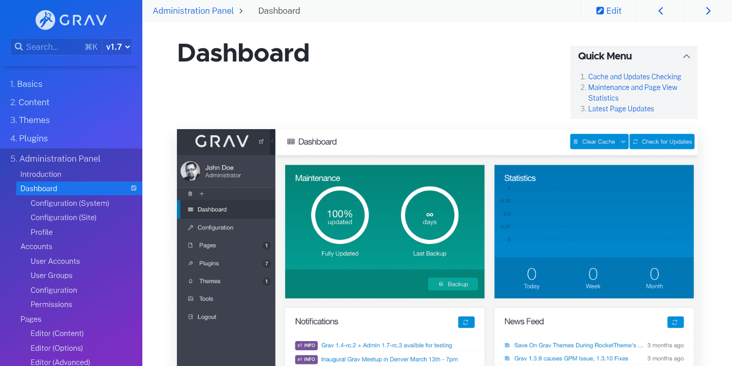 Dashboard | Grav Documentation