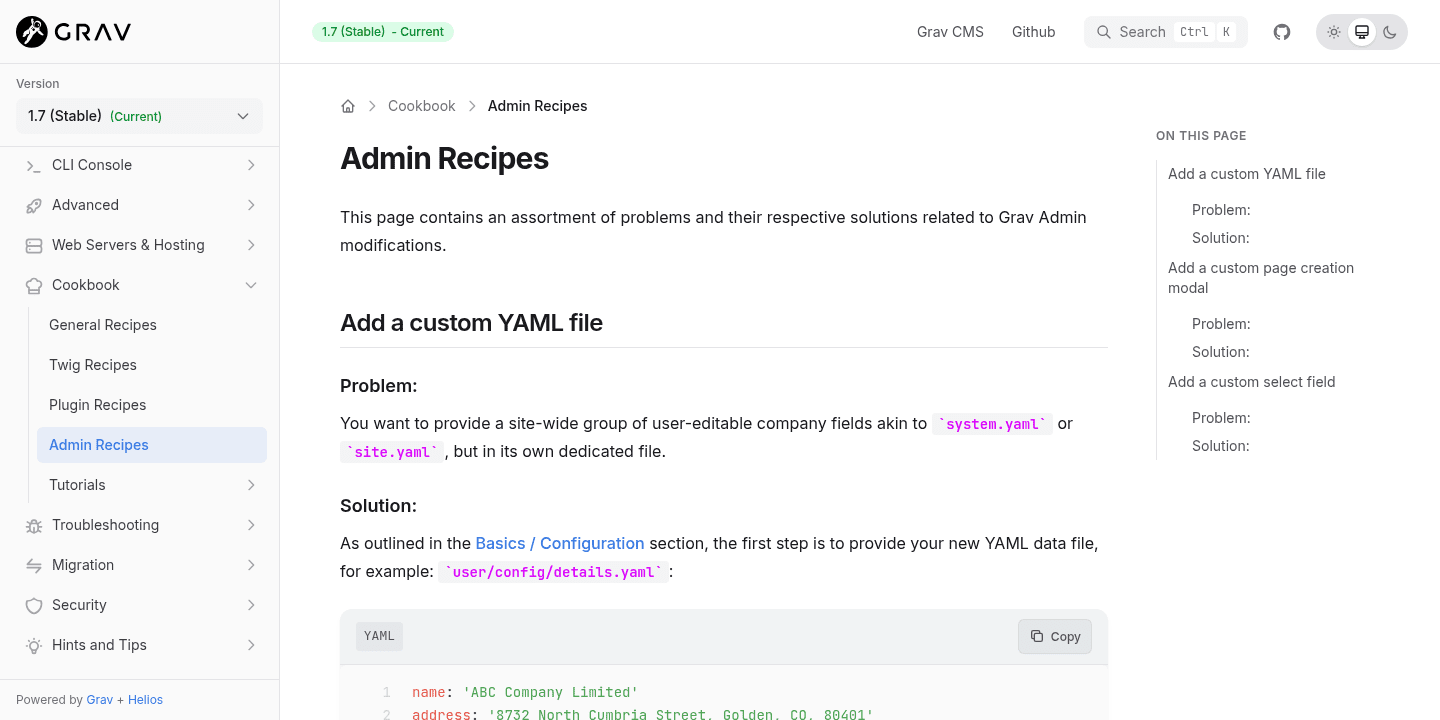 Admin Recipes | Grav Documentation