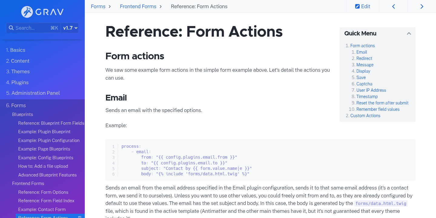 Reference: Form Actions | Grav Documentation